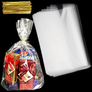 50 pcs 14x18 inch cellophane wrap cello cellophane treat bags clear flat for gift wrapping, bakery, cookie, candies, dessert, baskets packaging with color twist ties