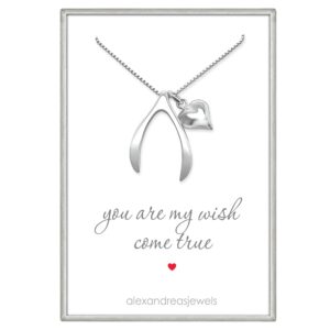 sterling silver wishbone necklace with puffed heart charm, girlfriend gift necklace, daughter birthday gift, wife anniversary gift necklace, wish bone necklace (22 inches)