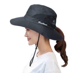 hsell womens uv protection wide brim sun hats cooling mesh ponytail hole cap foldable travel outdoor fishing hat (black)