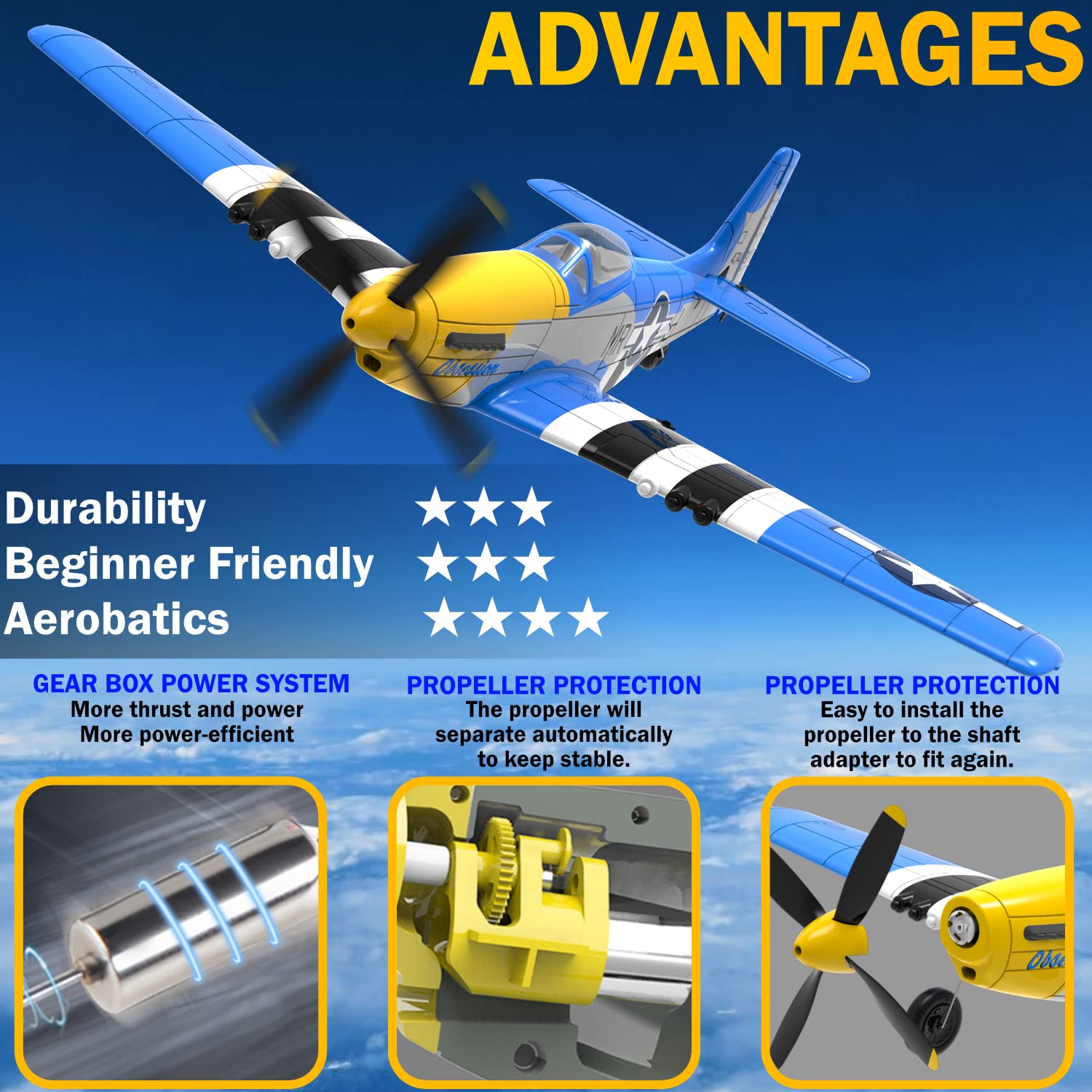 LEAMBE RC Plane 4 Channel Remote Control Airplane with 3 Modes - Ready to Fly Upgrade P51 Mustang RC Airplane for Beginners Adult with Xpilot Stabilization System & One Key Aerobatic