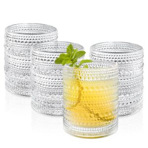 upzai 12oz vintage drinking glasses set of 4, kitchen glassware old fashioned glass cups, aesthetic water cups for beside beverage juice coffee beer cocktail whiskey (clear)