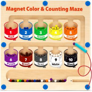 baingesk magnetic color and number maze, wooden magnet puzzles board games for toddler, montessori counting matching toys, color sorting, fine motor skills toys gifts for boys girls 2 3 4 5 years old