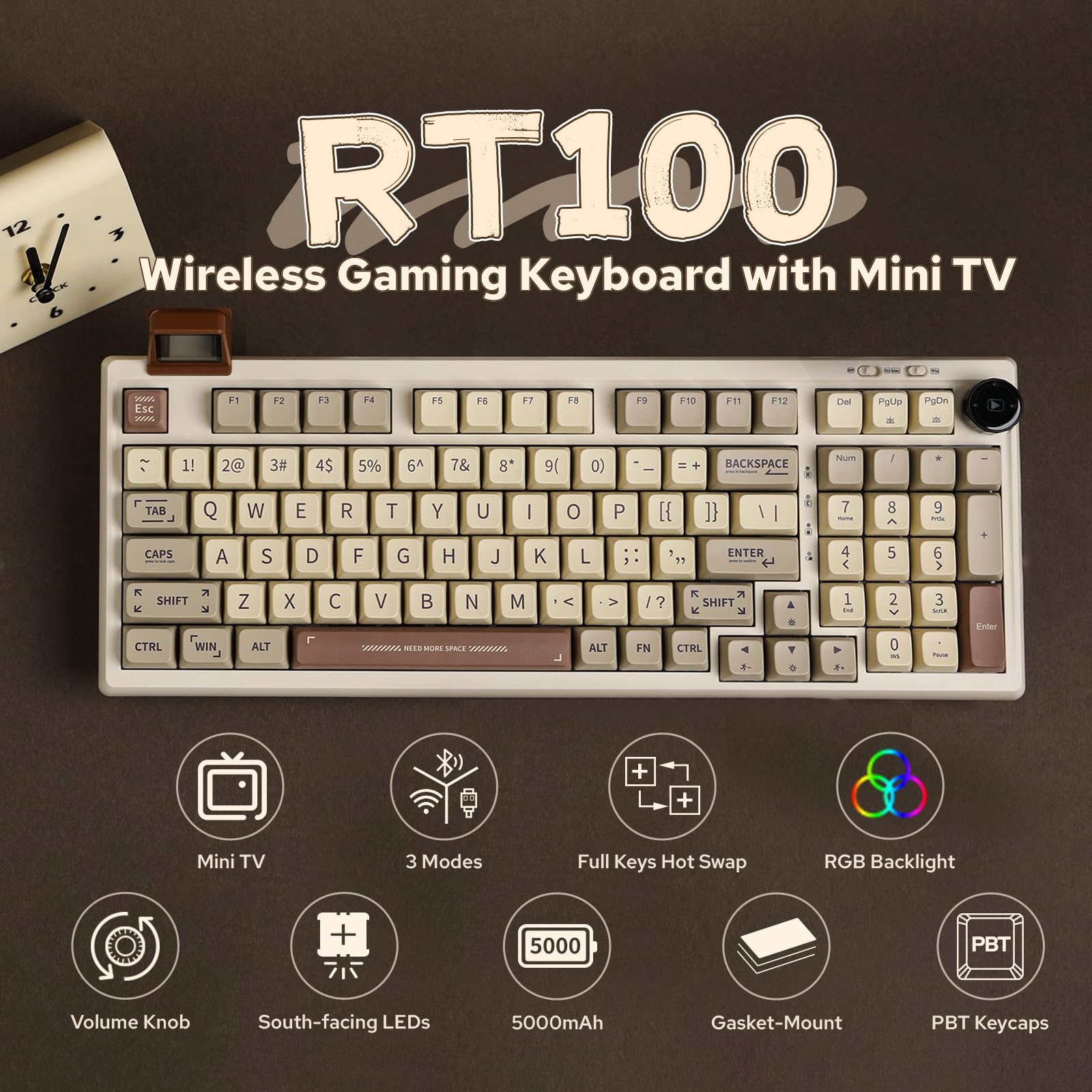 EPOMAKER RT100 97 Keys Gasket BT5.0/2.4G/USB-C Mechanical Gaming Keyboard with Customizable Display Screen, Knob, Hot Swappable Socket, 5000mAh Battery for Win/Mac (Flamingo Switch)