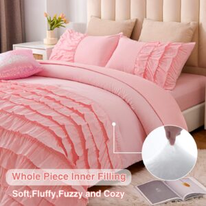 A Nice Night Waterfall Flutter Ruffle Comforter Set,Ruffled Textured Soft Chic Princess 6pcs Bedding Set,with Bling Shiny Sequin Throw Pillow Case,Pink,Twin