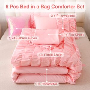 A Nice Night Waterfall Flutter Ruffle Comforter Set,Ruffled Textured Soft Chic Princess 6pcs Bedding Set,with Bling Shiny Sequin Throw Pillow Case,Pink,Twin