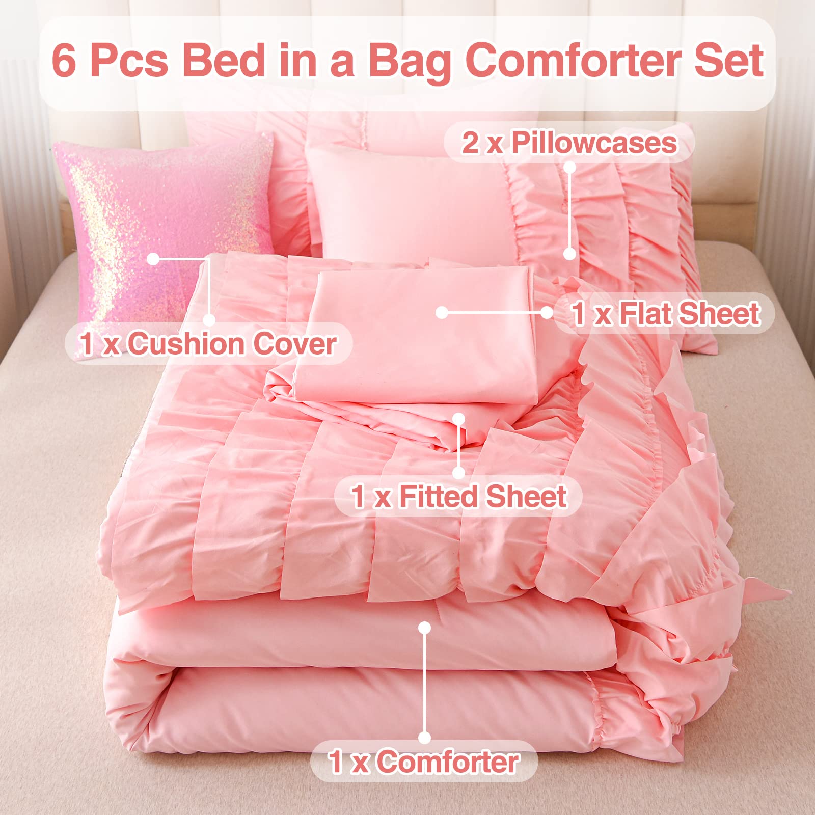 A Nice Night Waterfall Flutter Ruffle Comforter Set,Ruffled Textured Soft Chic Princess 6pcs Bedding Set,with Bling Shiny Sequin Throw Pillow Case,Pink,Twin