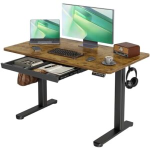 claiks standing desk with drawers, stand up electric standing desk adjustable height, sit stand desk computer workstation, 48 inch, rustic brown