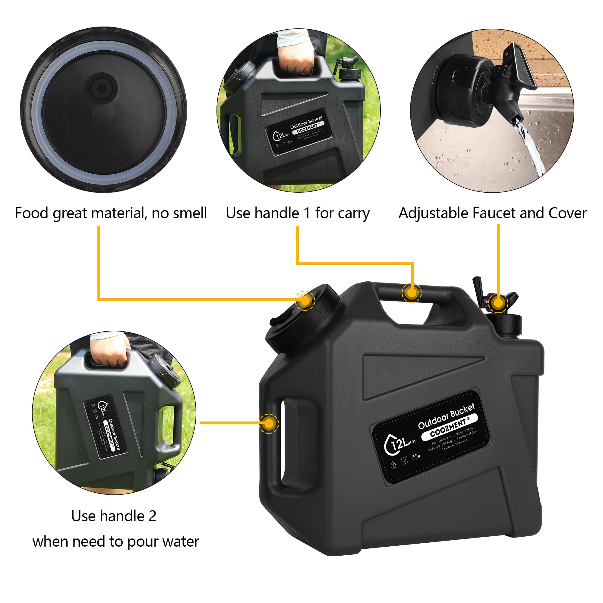 COOZMENT 3.2 Gallon (12L) Portable Water Containers with Spigot, BPA Free Water Jug, Black Water Tank, Multifunction Water Storage Containers for Camping Outdoor Hiking,Emergency Stroage,Drink