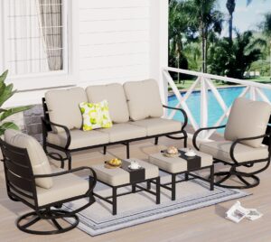 sophia & william patio furniture sets 5 pcs outdoor metal conversation sets 5 seats with 1 x 3-seat sofa, 2 x cushioned swivel sofa chairs, 2 x ottomans for coffee lawn backyard poolside beige