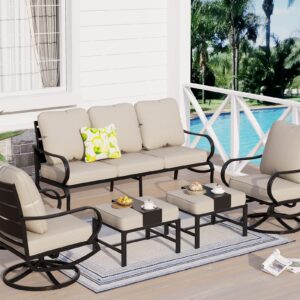 Sophia & William Patio Furniture Sets 5 Pcs Outdoor Metal Conversation Sets 5 Seats with 1 x 3-Seat Sofa, 2 x Cushioned Swivel Sofa Chairs, 2 x Ottomans for Coffee Lawn Backyard Poolside Beige