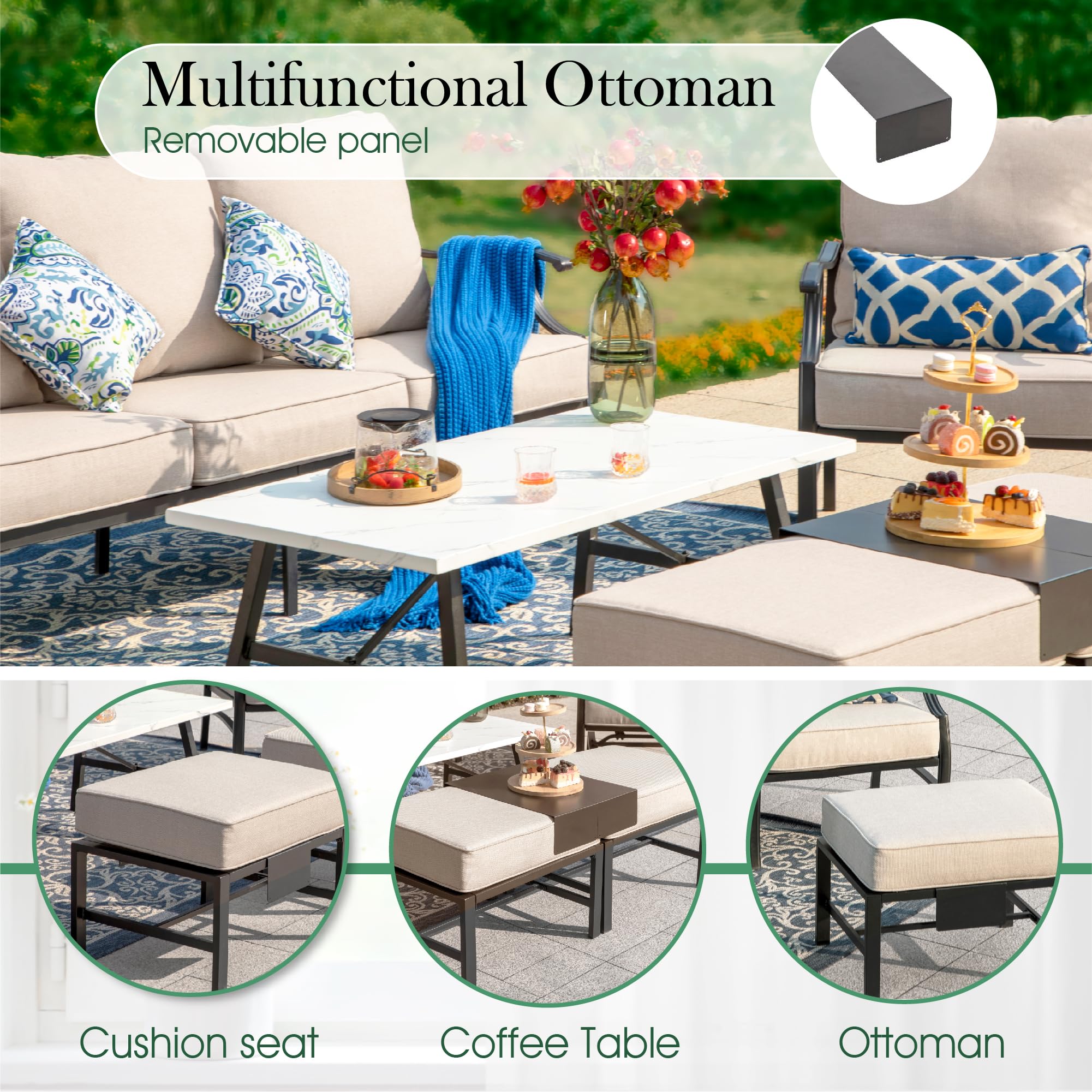 Sophia & William Patio Furniture Sets 5 Pcs Outdoor Metal Conversation Sets 5 Seats with 1 x 3-Seat Sofa, 2 x Cushioned Swivel Sofa Chairs, 2 x Ottomans for Coffee Lawn Backyard Poolside Beige