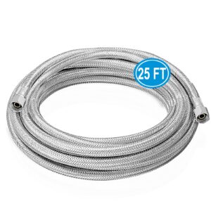 refrigerator water line - 25 ft premium stainless steel braided ice maker water hose,food grade pex inner tube fridge water line with 1/4" fittings for refrigerator ice maker