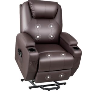 jummico power lift recliner chair with massage for elderly pu leather modern reclining sofa chair with cup holders, remote control, adjustable furniture (brown)