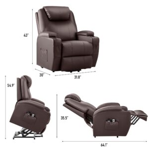 JUMMICO Power Lift Recliner Chair with Massage for Elderly PU Leather Modern Reclining Sofa Chair with Cup Holders, Remote Control, Adjustable Furniture (Brown)