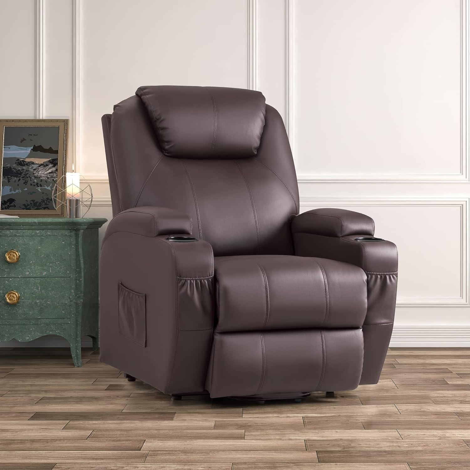 JUMMICO Power Lift Recliner Chair with Massage for Elderly PU Leather Modern Reclining Sofa Chair with Cup Holders, Remote Control, Adjustable Furniture (Brown)