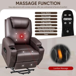 JUMMICO Power Lift Recliner Chair with Massage for Elderly PU Leather Modern Reclining Sofa Chair with Cup Holders, Remote Control, Adjustable Furniture (Brown)