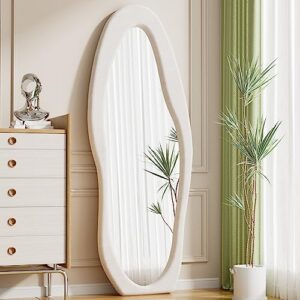 dewfig full length mirror, 63" x 24"irregular mirror, large floor length mirror wall mounted, standing mirror with flannel wrapped wooden frame for bedroom/living room, white