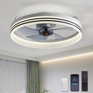 ludomide ceiling fans with lights, flush mount ceiling fan with lights and remote, 6 wind speeds smart low profile ceiling fan for bedroom, dining room and kitchen 20" (white)