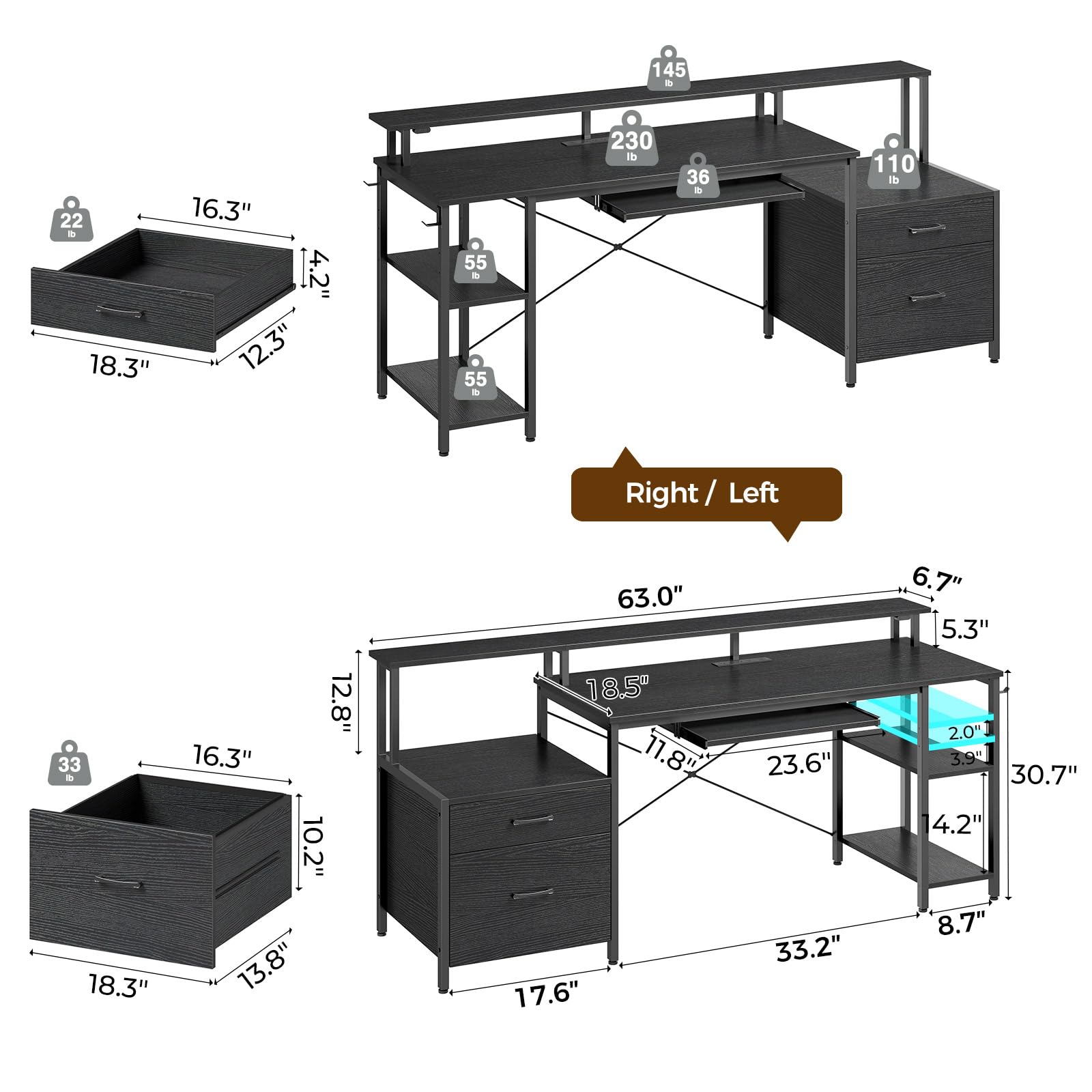 Rolanstar Computer Desk 63" with File Drawer, Gaming Desk with LED Light & Power Outlets, Home Office Desk with File Cabinet & Storage Shelves, with Monitor Stand & Keyboard Tray, Black