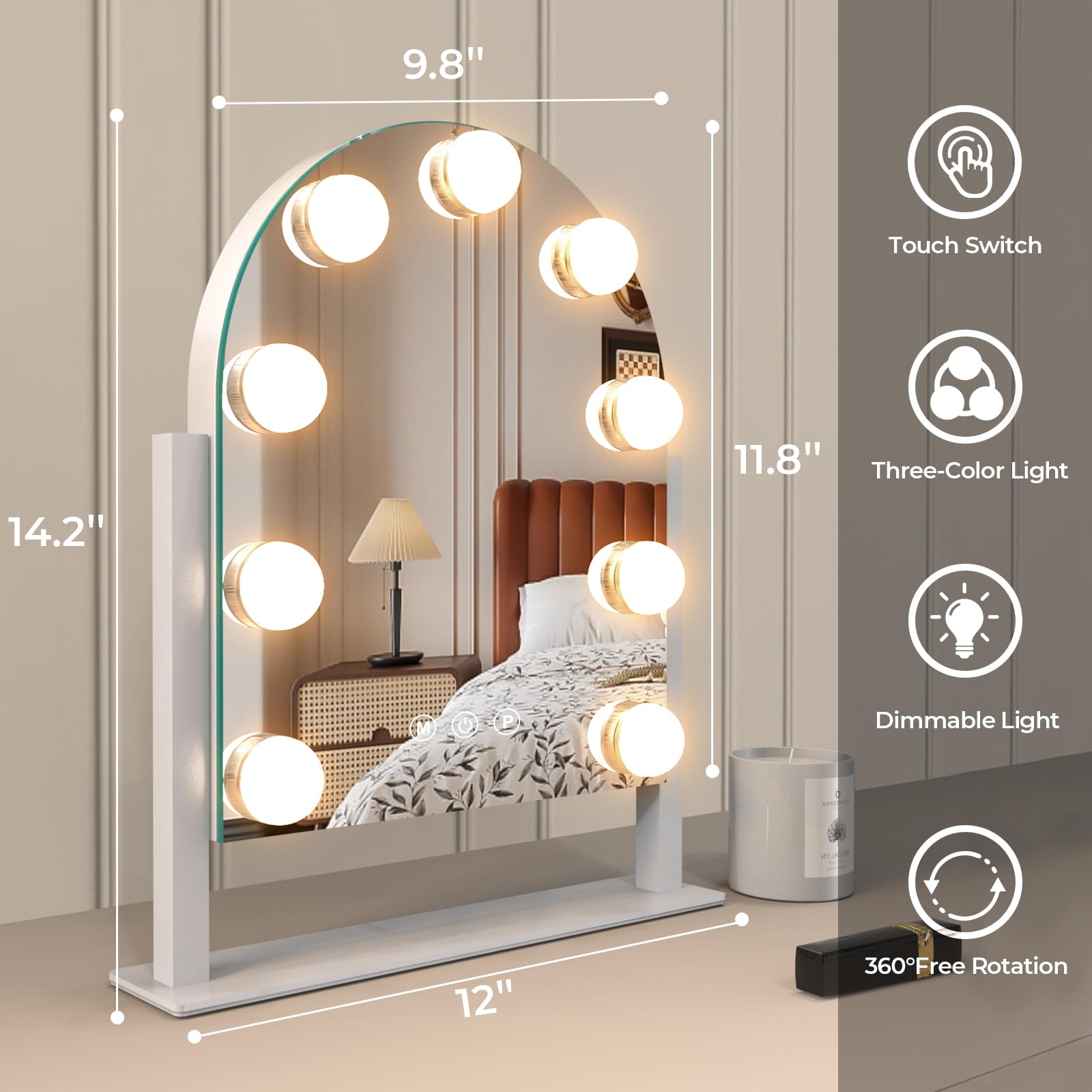 ZL ZELing Makeup Mirror with Lights, Vanity Mirror with Lights, Lighted Makeup Mirror, 3 Color Modes, Dimmable Light,360° Rotation