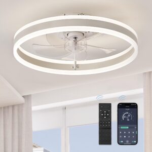 lediary low profile ceiling fans with lights, flush mount modern ceiling fan and remote control, 19.7" led bladeless ceiling fans, stepless dimmable 3 colors and 6 speeds - white