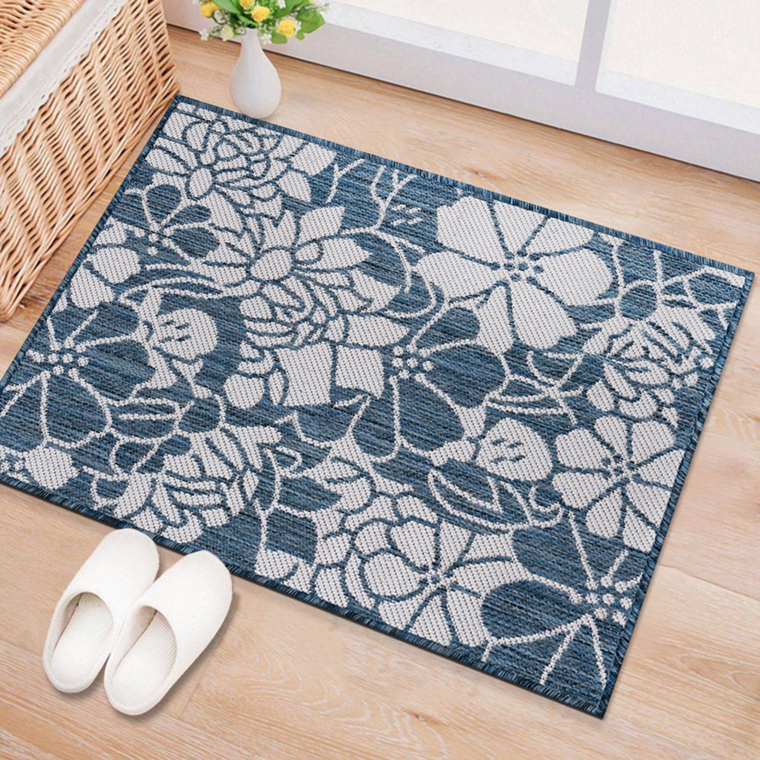 Rugshop Modern Floral Flowers Textured Flat Weave Easy Cleaning Outdoor Rugs for Deck,Patio,Backyard Indoor/Outdoor Area Rug 2' x 3' Navy