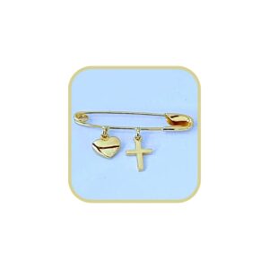 14k. yellow gold baby safety pin with two charms/cross & heart charms/christening/baptism/not gold filled not gold plated