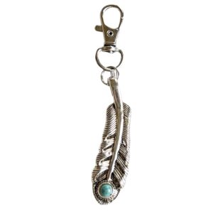 silver boho feather western turquoise zipper pull for backpacks, cute rhinestone purse charms, unique custom handbag jewelry, personalized zipper charms, camera bag charms, cool key chain charm