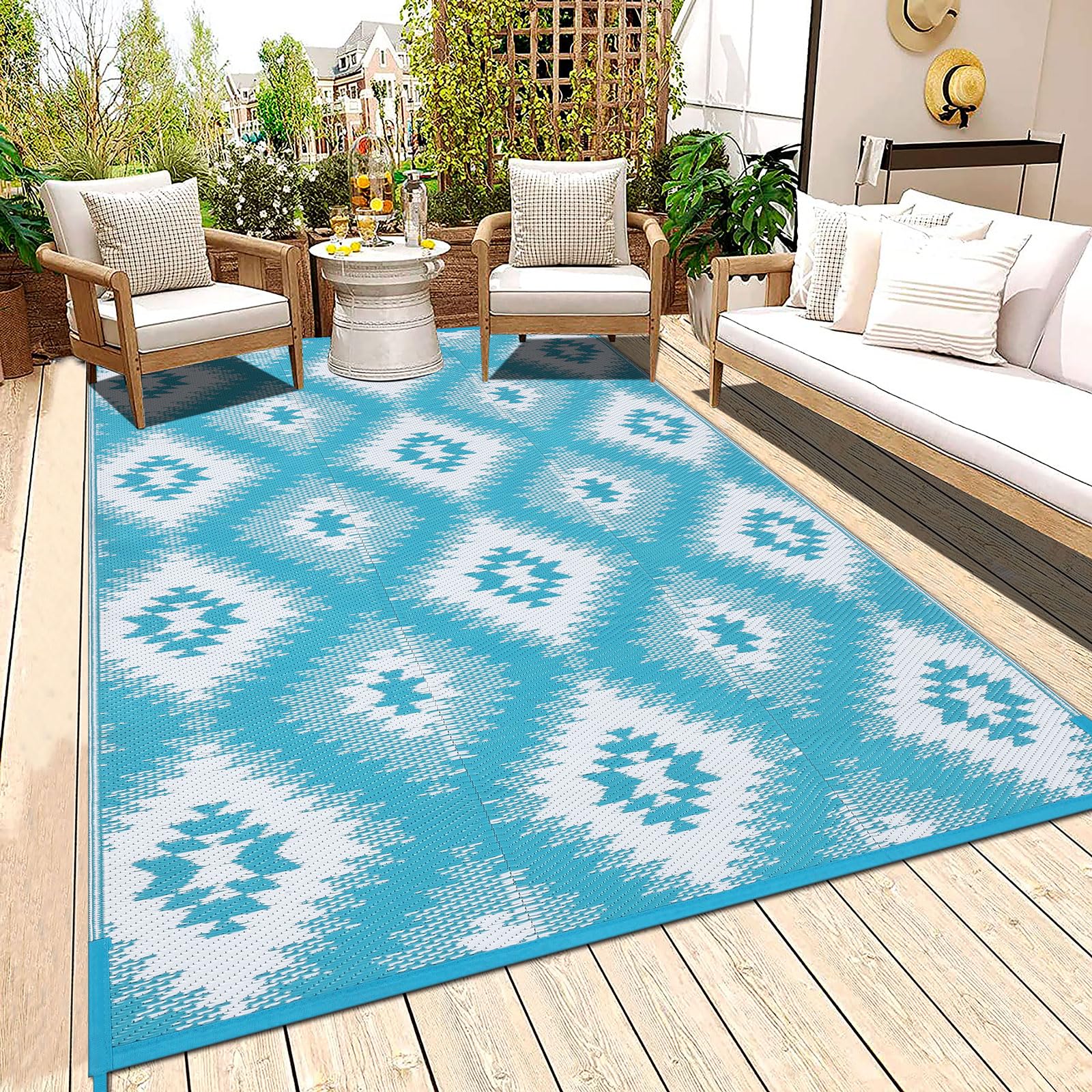 Ileading Reversible Outdoor Rug 4x6Ft Waterproof Patio Rug Carpet Portable Outdoor Plastic Straw Rug Large RV Camping Mat Rug for Patio, Clearance, Deck, Beach, Porch, Camping, Picnic, Gradual Teal