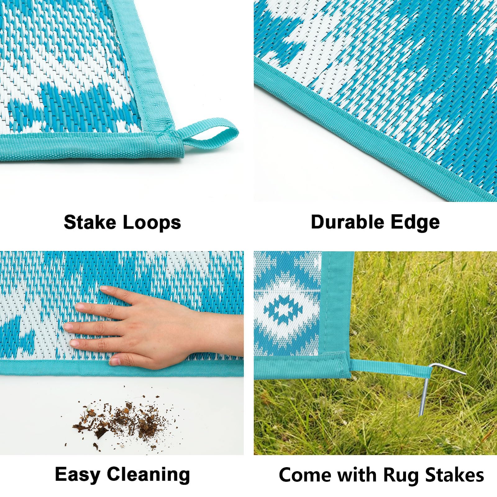 Ileading Reversible Outdoor Rug 4x6Ft Waterproof Patio Rug Carpet Portable Outdoor Plastic Straw Rug Large RV Camping Mat Rug for Patio, Clearance, Deck, Beach, Porch, Camping, Picnic, Gradual Teal