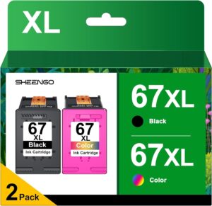 sheengo remanufactured ink cartridge replacement for hp 67xl ink cartridges black color combo pack for envy 6055e 6055 6052 6075 envy pro 6455e 6455 6475 6458 deskjet 4155 2755e 2755 (black, color)