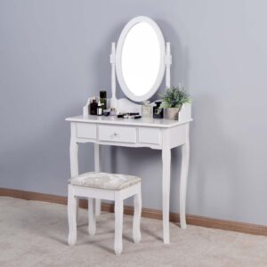 fashion wooden vanity table, makeup vanity with 360-degree mirror & drawers & stool, small wood dressing table for bedroom, white