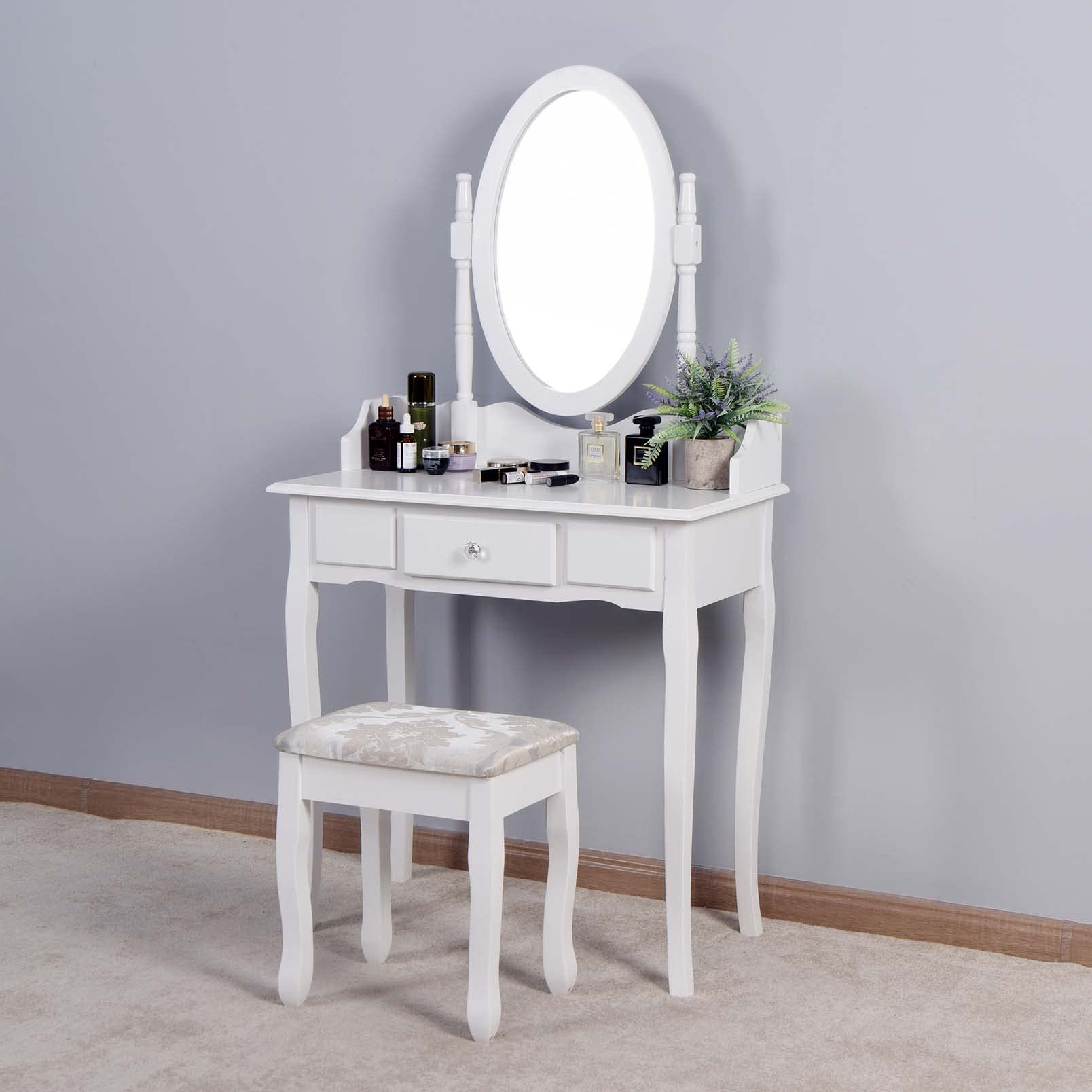 Fashion Wooden Vanity Table, Makeup Vanity with 360-degree Mirror & Drawers & Stool, Small Wood Dressing Table for Bedroom, White