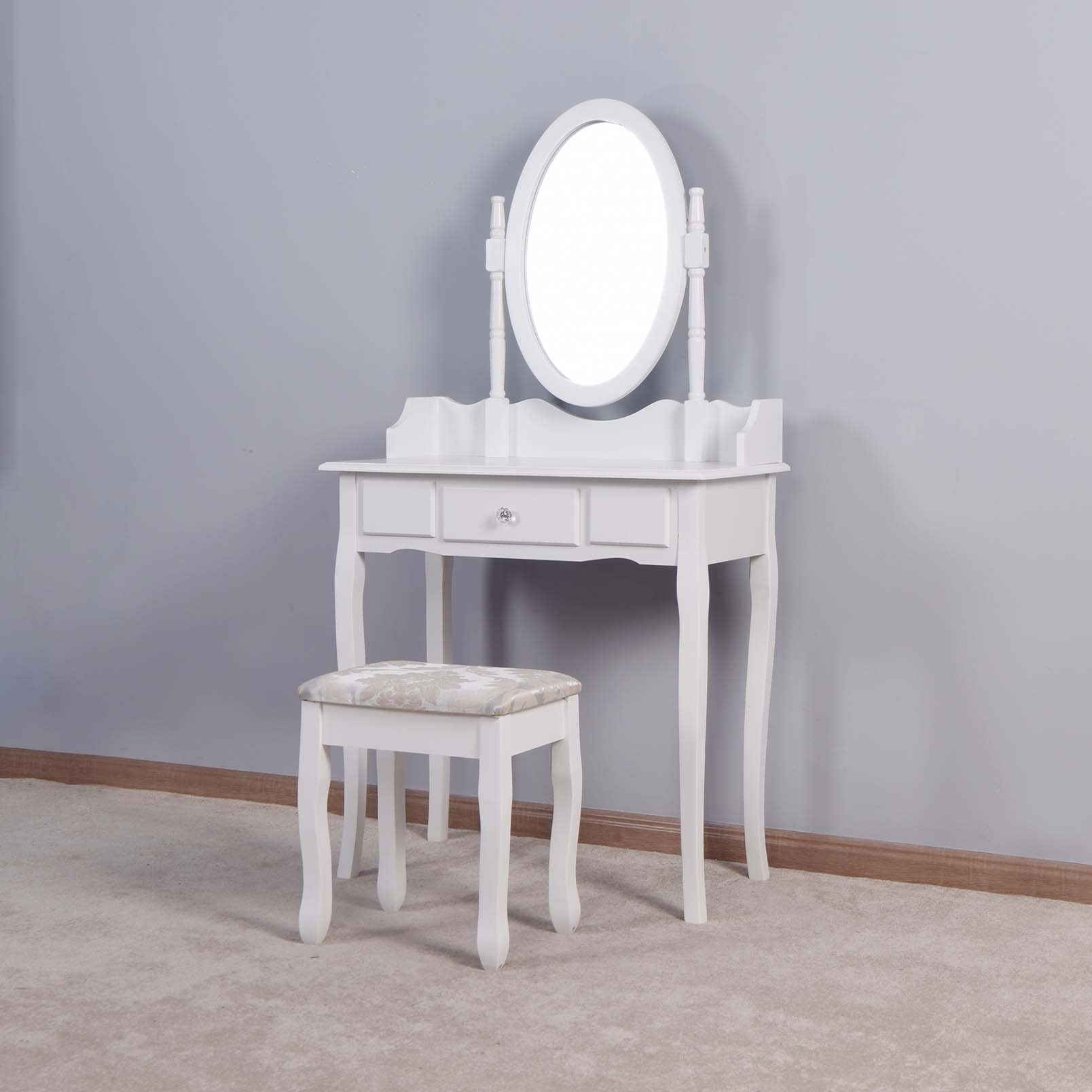 Fashion Wooden Vanity Table, Makeup Vanity with 360-degree Mirror & Drawers & Stool, Small Wood Dressing Table for Bedroom, White