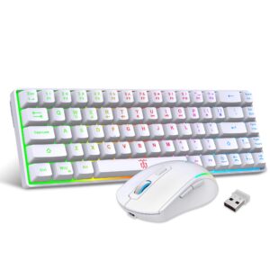 snpurdiri 60% wireless gaming keyboard and mouse combo,led backlit rechargeable 2000mah battery,mini mechanical feel anti-ghosting keyboard +popular rgb gaming mice for pc gamer (white)