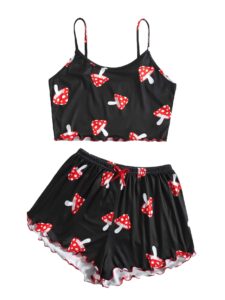 cozyease women's 2 piece pajama set cartoon print lettuce trim cami top and shorts cute sleepwear black m