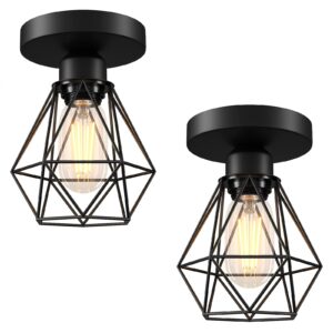 fadimikoo 2-pack semi flush mount ceiling light, black hallway light fixtures ceiling mount, farmhouse metal cage pendant indoor modern ceiling lamp for kitchen porch bedroom (led bulbs included)