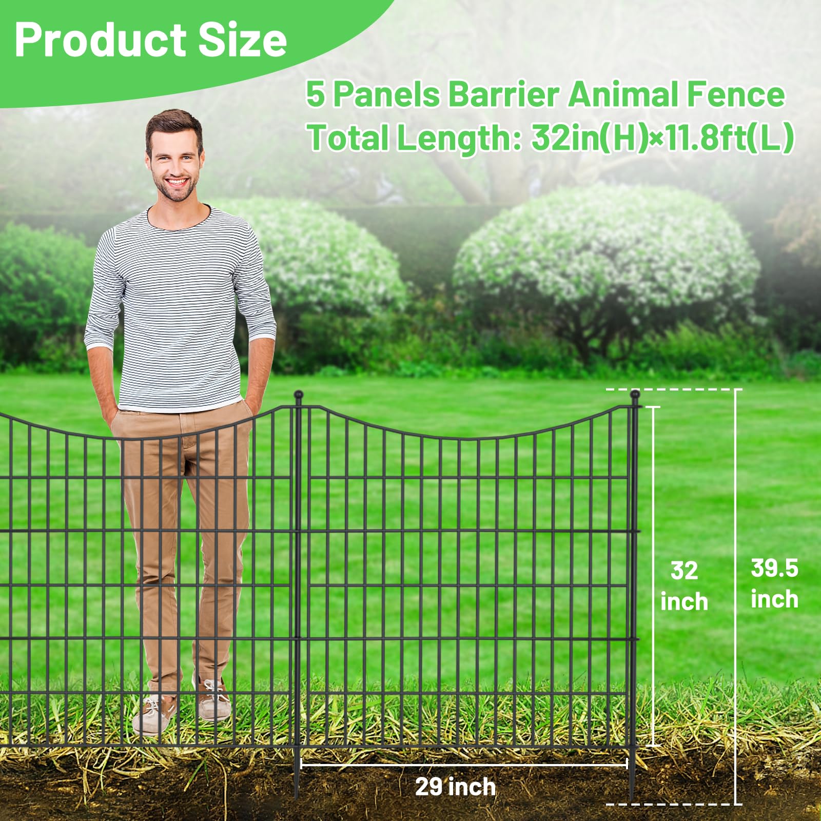 5 Panels No Dig Decorative Outdoor Garden Fence for Yard, 32 in(H) X 12 ft(L) Animal Barrier Fencing Rustproof Metal Wire Panel Border for Dog, Rabbits, and Patio Temporary Ground Stakes Defense