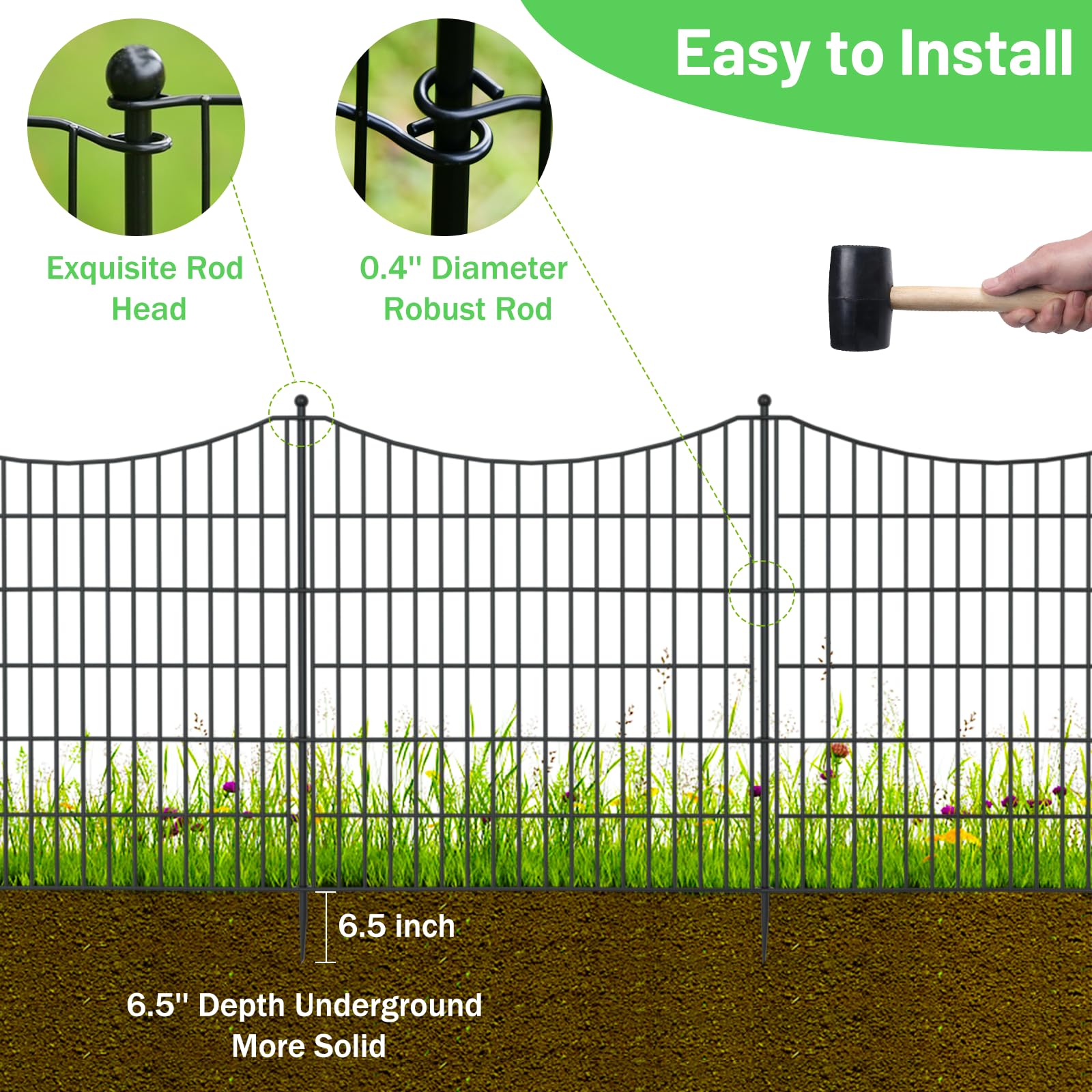 5 Panels No Dig Decorative Outdoor Garden Fence for Yard, 32 in(H) X 12 ft(L) Animal Barrier Fencing Rustproof Metal Wire Panel Border for Dog, Rabbits, and Patio Temporary Ground Stakes Defense