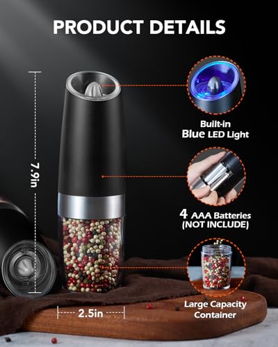 FORLIM Gravity Electric Salt and Pepper Grinder Set, Automatic Pepper Grinder Shakers Mill, Upgraded Batteries Powered Adjustable Coarseness with LED, One Hand Operation Perfect for Kitchen