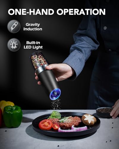 FORLIM Gravity Electric Salt and Pepper Grinder Set, Automatic Pepper Grinder Shakers Mill, Upgraded Batteries Powered Adjustable Coarseness with LED, One Hand Operation Perfect for Kitchen