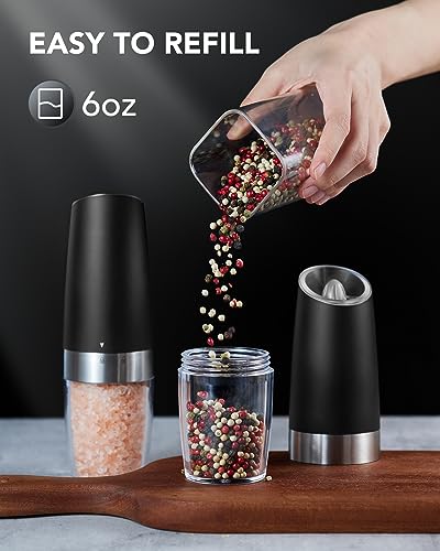 FORLIM Gravity Electric Salt and Pepper Grinder Set, Automatic Pepper Grinder Shakers Mill, Upgraded Batteries Powered Adjustable Coarseness with LED, One Hand Operation Perfect for Kitchen