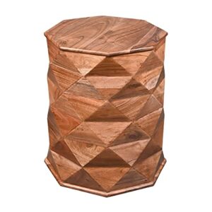 the urban port 23-inch handcrafted drum side accent table with a multifaceted diamond cut design, natural brown acacia wood