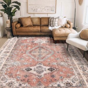 notasa 8x10 area rugs boho rug washable large rugs for living room non slip aztec oriental vintage carpet moroccan rug for bedroom bedside dining room home decor flower (peach/orange)