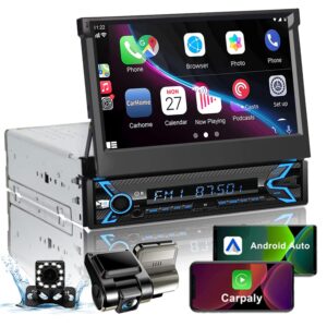 naifay single din car stereo with dash cam & backup camera, 7inch flip out single din touchscreen car stereo with apple carplay & android auto, car audio receivers bluetooth mirrorlink fm car radio