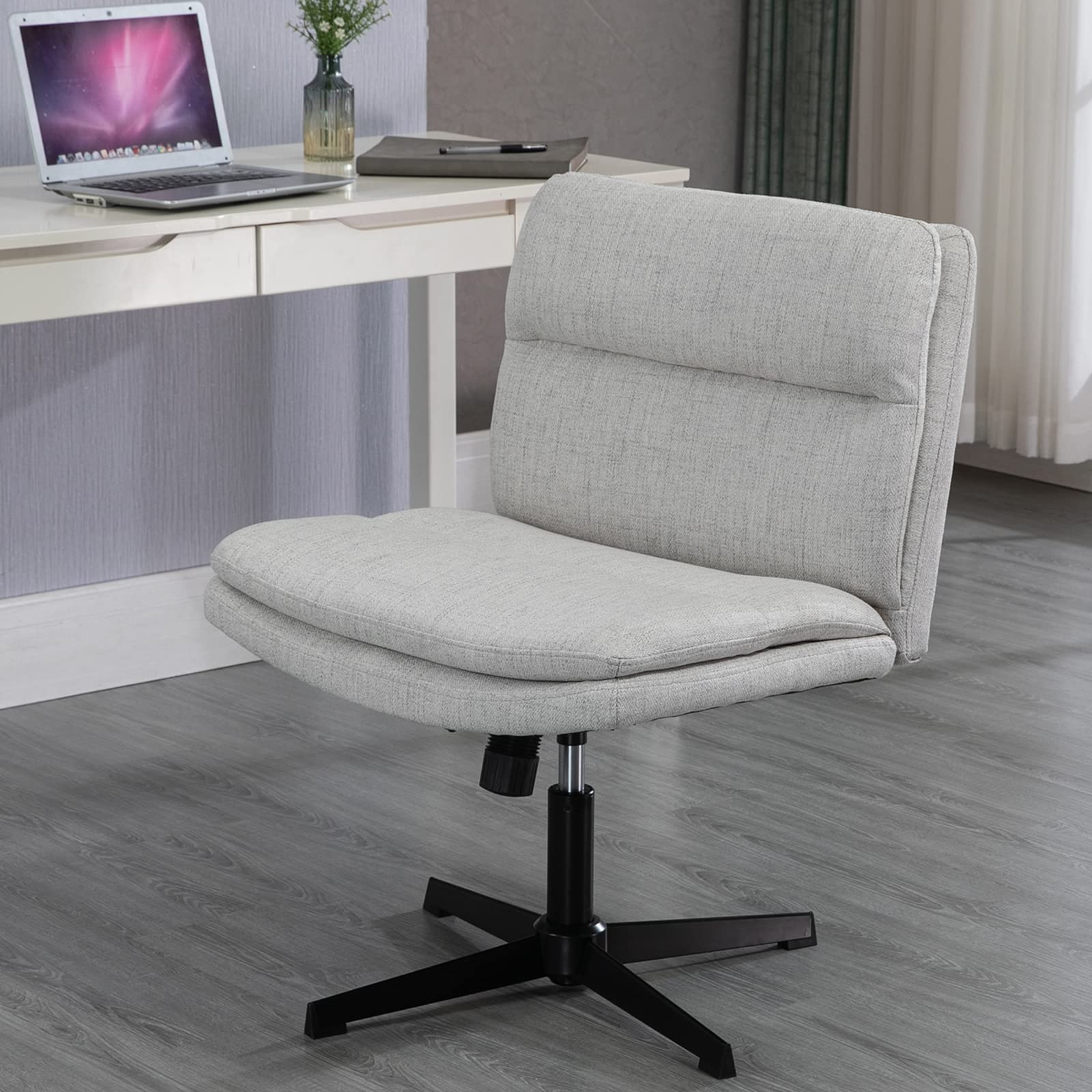 LONWIK Armless Wide Office Desk Chair No Wheels, Modern Fabric Swivel Vanity Chair, 120°Rocking Ergonomic Criss Cross Legged Computer Task Chair(Gray)