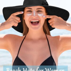 Beach Hats for Women, Wide Brim Sun Straw Hat Foldable Summer Floppy Hat UV Protection Cap Black