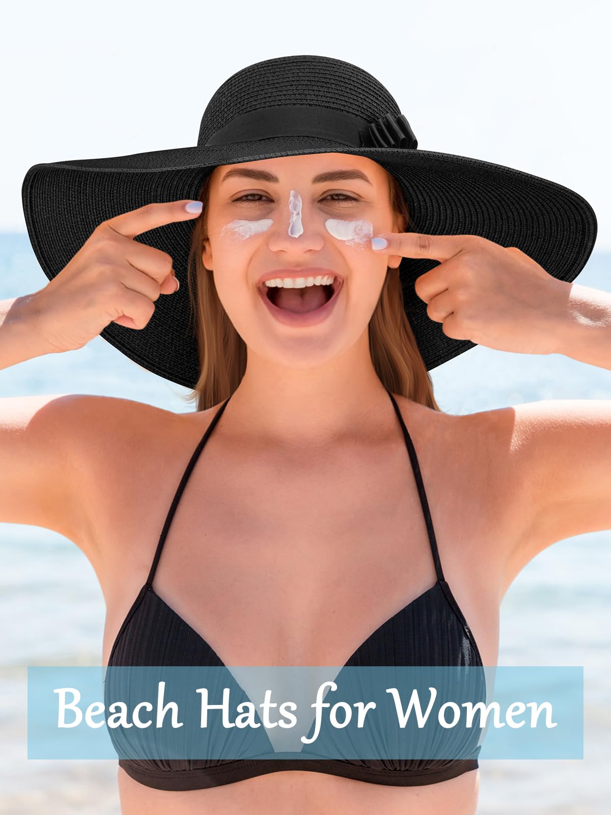 Beach Hats for Women, Wide Brim Sun Straw Hat Foldable Summer Floppy Hat UV Protection Cap Black