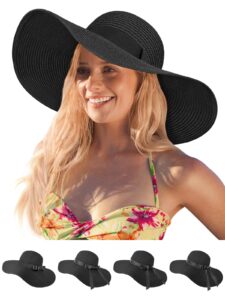 beach hats for women, wide brim sun straw hat foldable summer floppy hat uv protection cap black