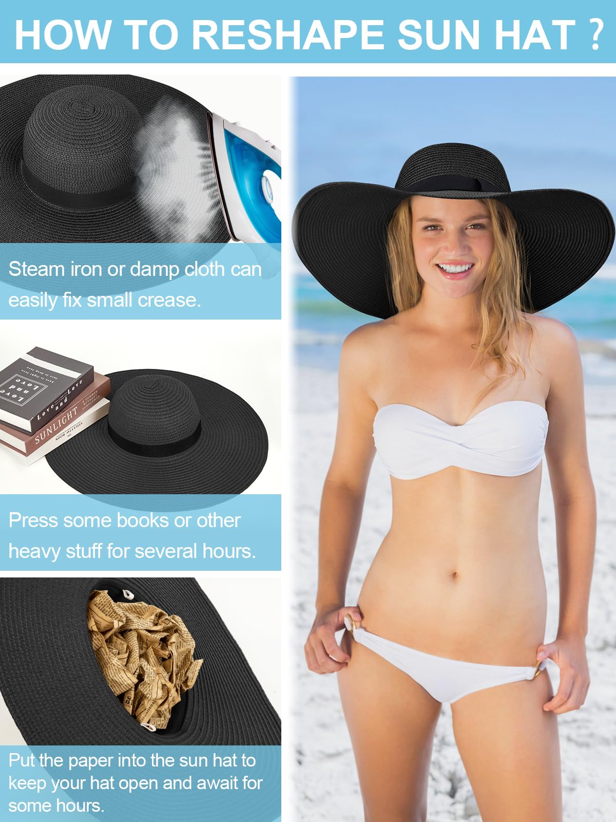 Beach Hats for Women, Wide Brim Sun Straw Hat Foldable Summer Floppy Hat UV Protection Cap Black